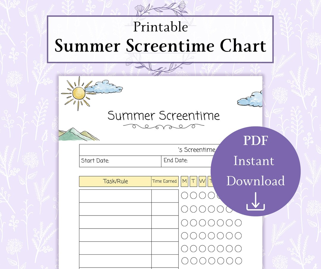 Summer Screentime Chart for Kids Printable PDF | Summer Screentime ...