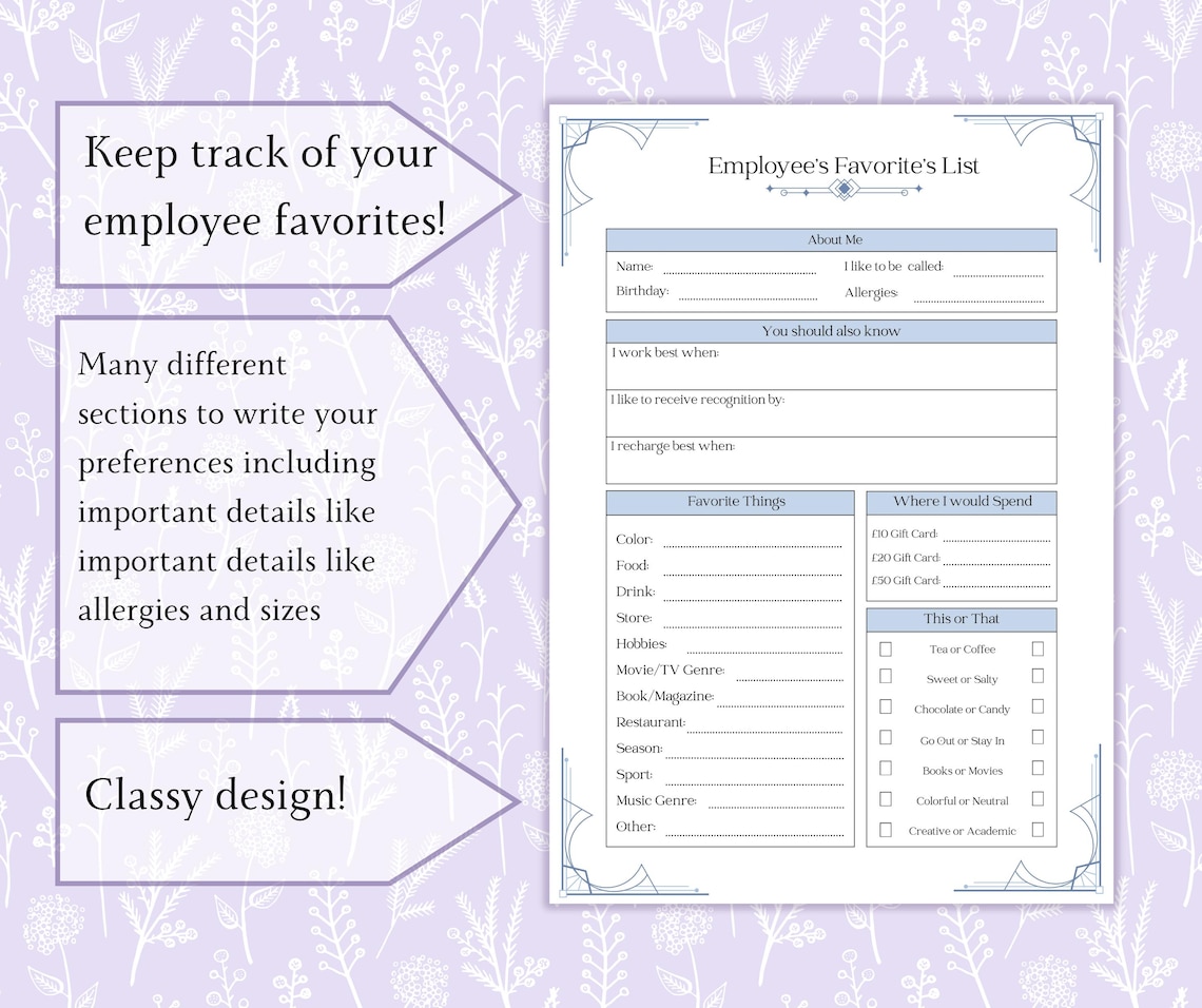 Employee Favorites Form Printable PDF | All About Me | Introduce ...