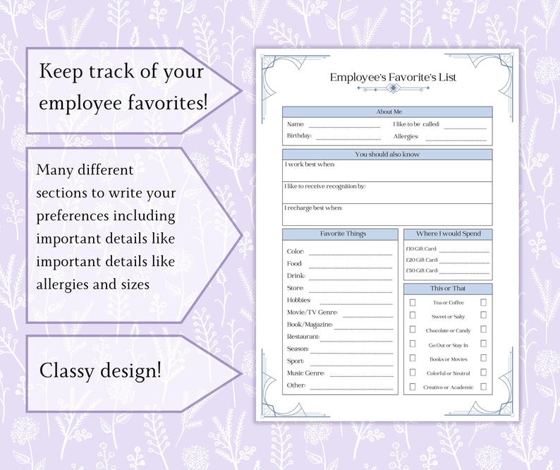 Employee Favorites Form Printable PDF | All About Me | Introduce ...