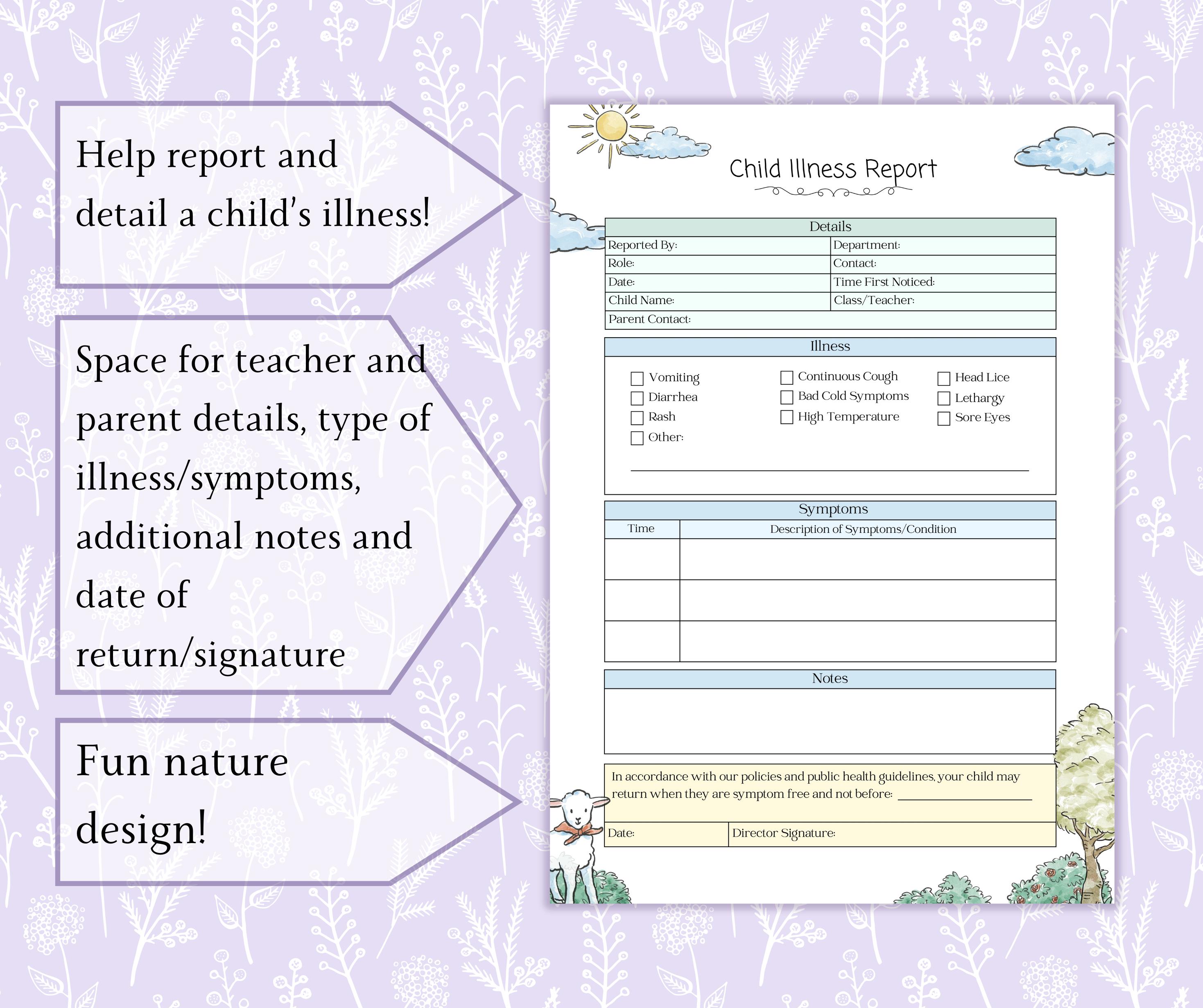 Child Illness Report Printable PDF | Child Care Log | Daycare Illness ...