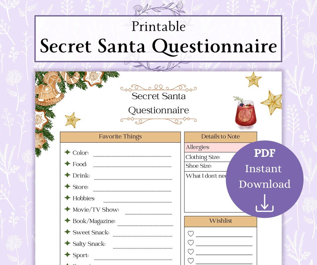 Secret Santa Questionnaire Printable PDF | Secret Santa Survey ...