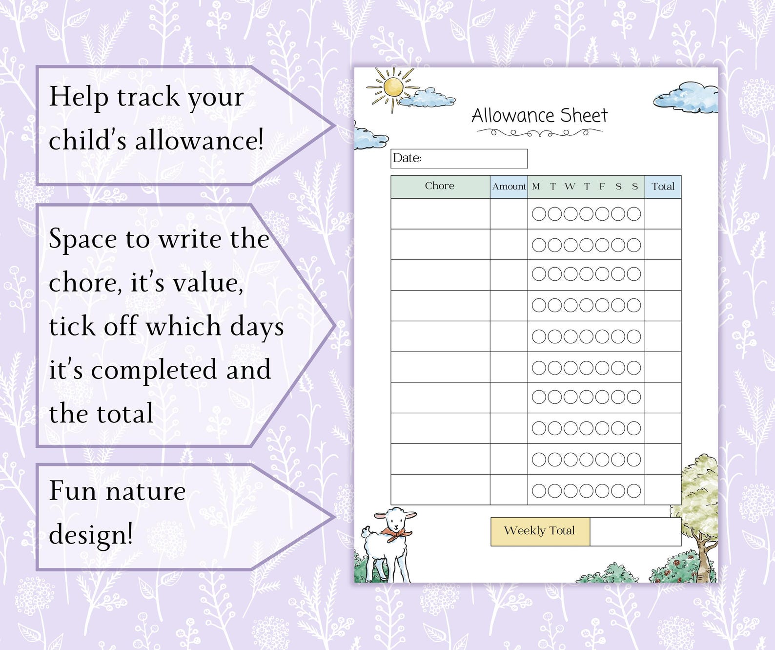 Allowance Sheet Printable PDF | Money Chore Chart for Kids | Pocket ...