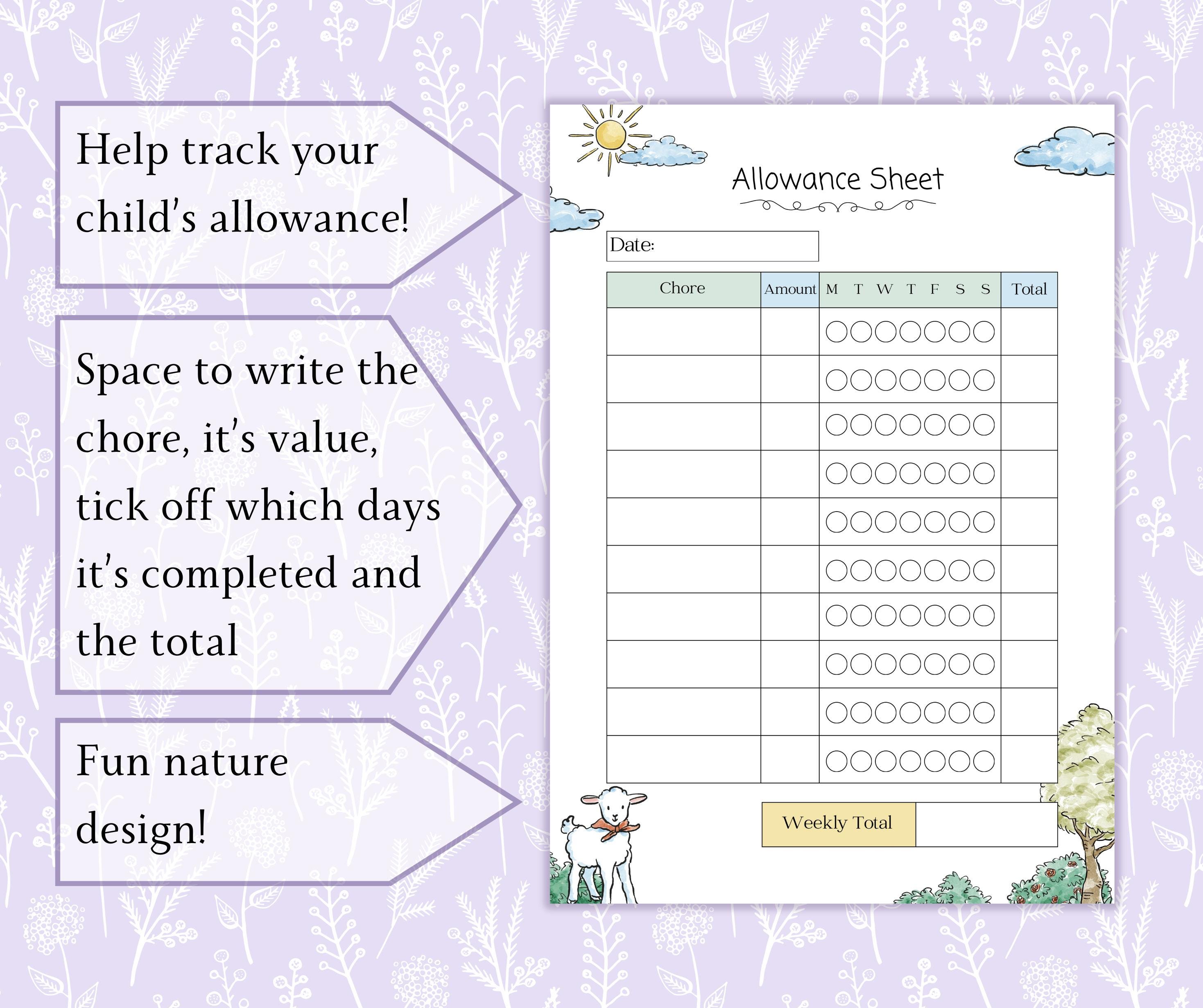Allowance Sheet Printable PDF | Money Chore Chart for Kids | Pocket ...