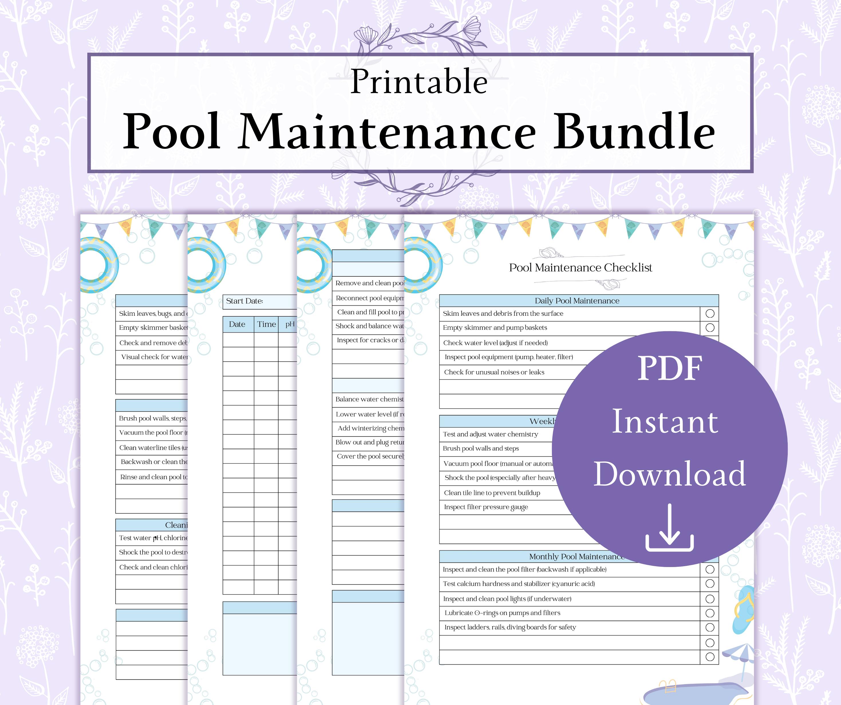 Pool Upkeep Bundle Printable PDF | Pool Maintenance Checklist | Pool ...