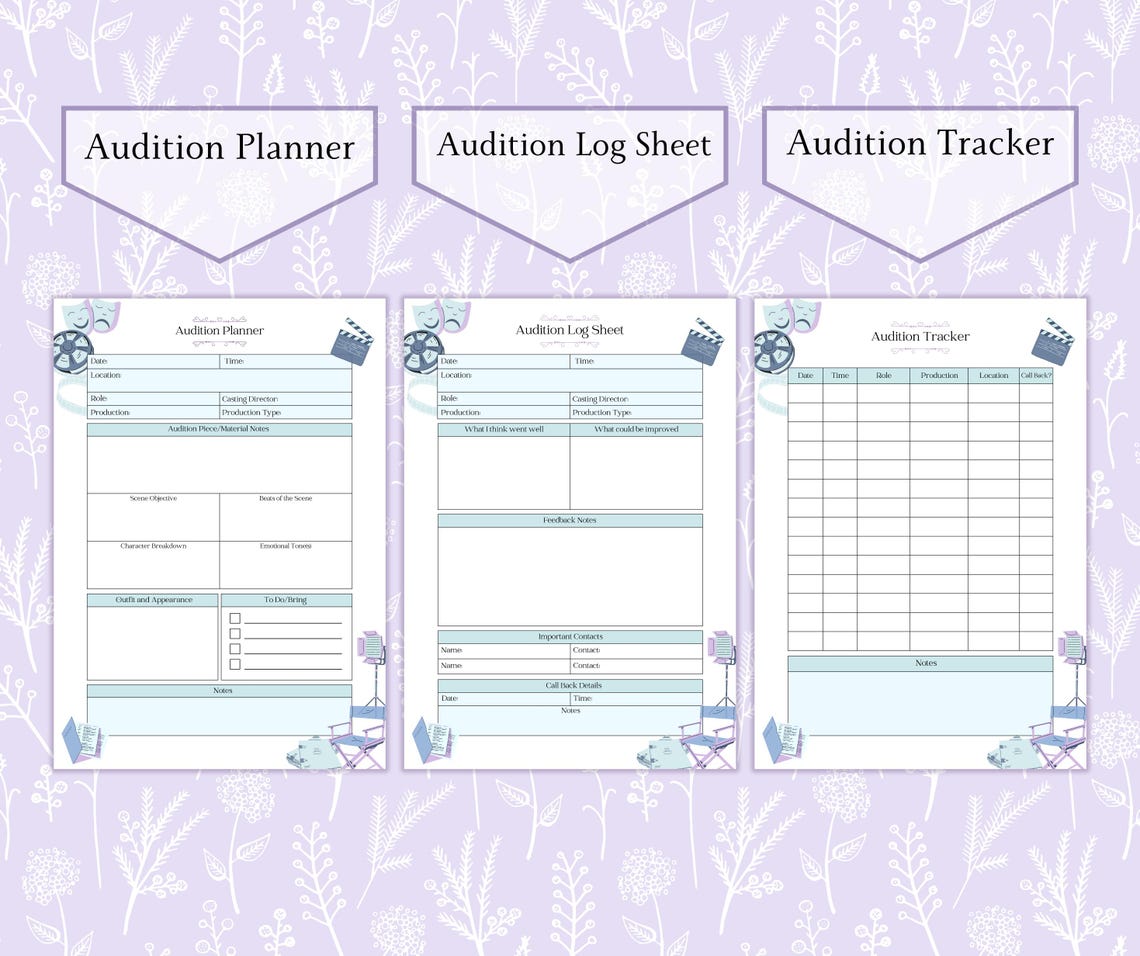 Audition Log Bundle Printable PDF | Audition Planner | Audition Sheet ...
