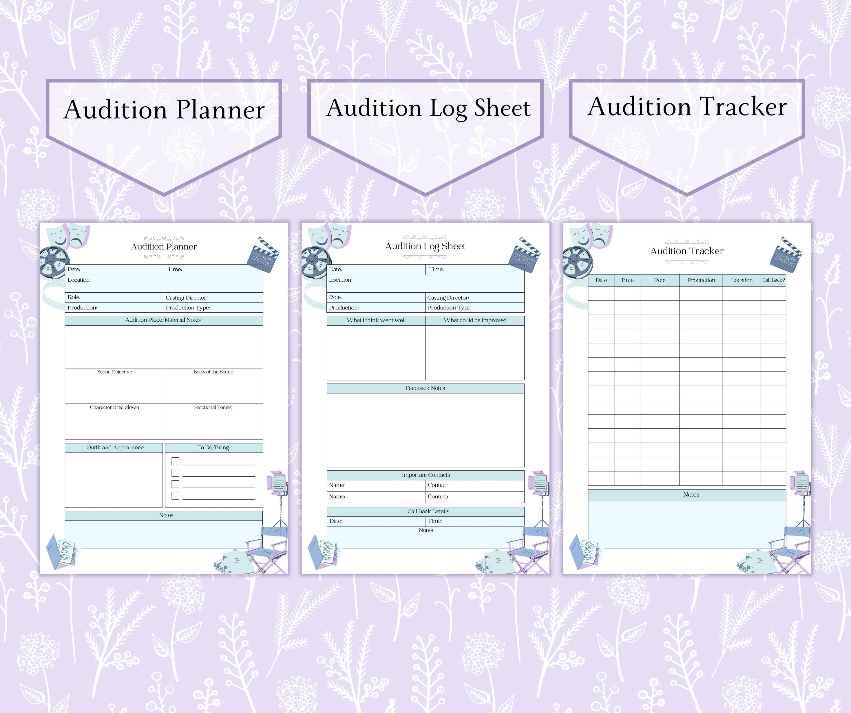 Audition Log Bundle Printable PDF | Audition Planner | Audition Sheet ...
