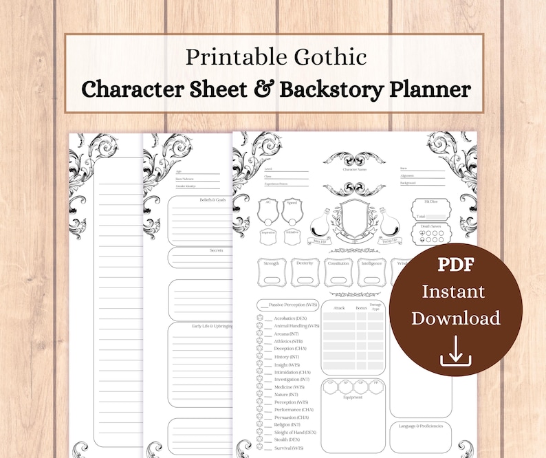 Gothic Character Sheet and Dnd Character Backstory Bundle Printable PDF ...