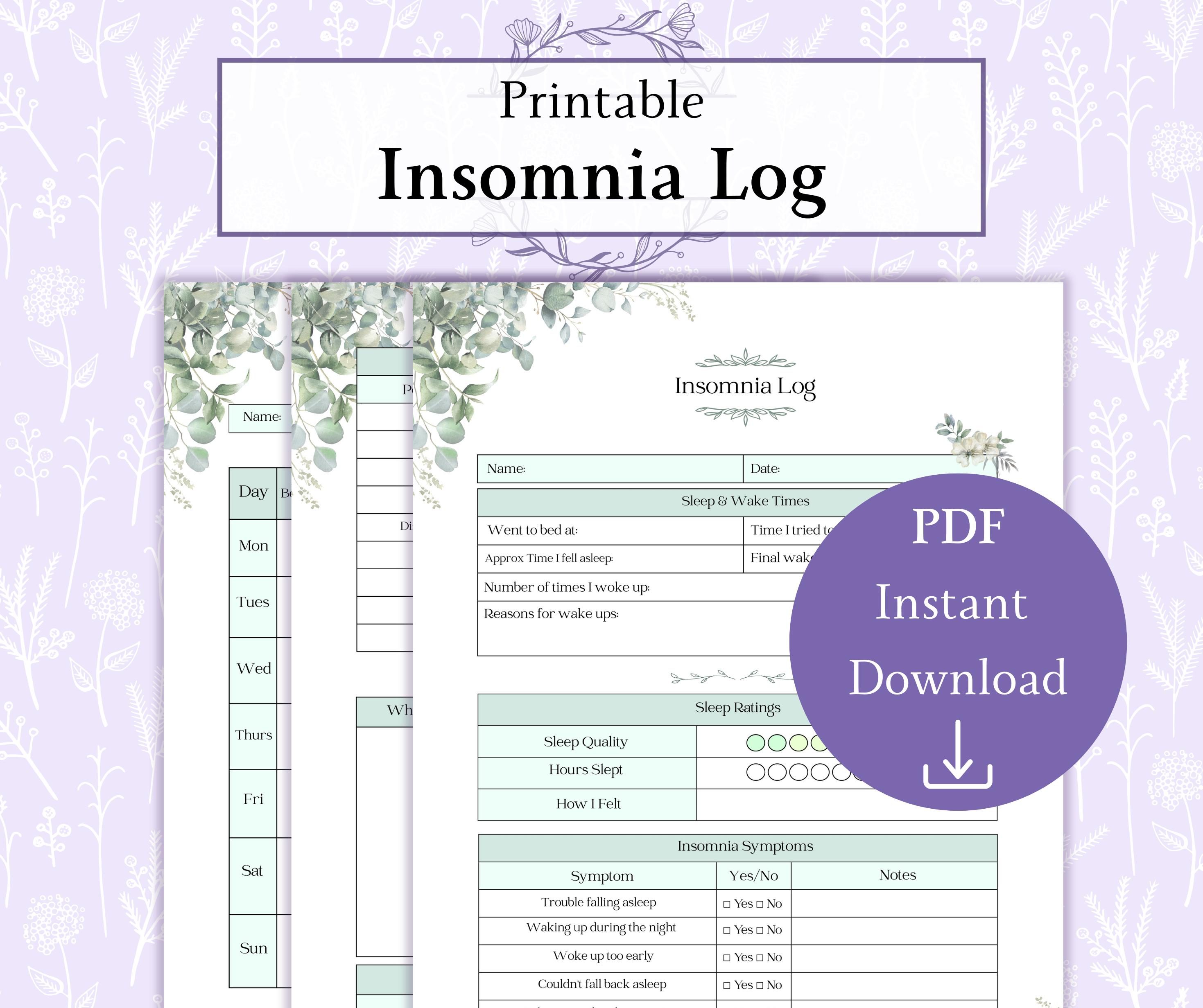 Insomnia Log Printable PDF | Sleep Log Printable | Sleep Disorder Log ...
