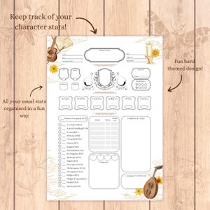 Bard Character Sheet Printable PDF | Bard Themed Dnd Accessories | Dnd ...