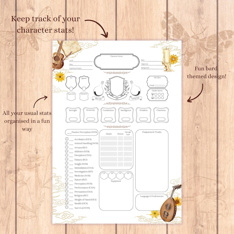 Bard Character Sheet Printable PDF | Bard Themed Dnd Accessories | Dnd ...