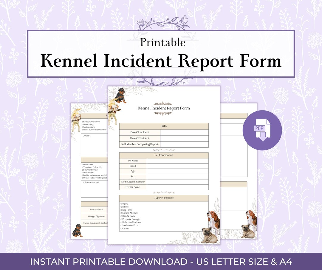 Kennel Incident Report Form Printable PDF, Dog Boarding Incident Sheet ...