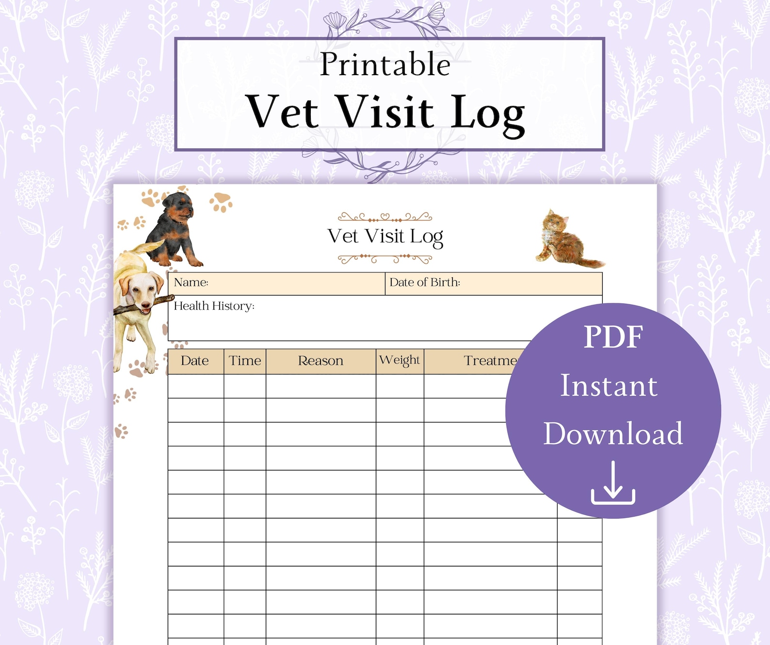 Vet Visit Log Printable PDF | Pet Care Log | Pet Health Tracker | Vet ...