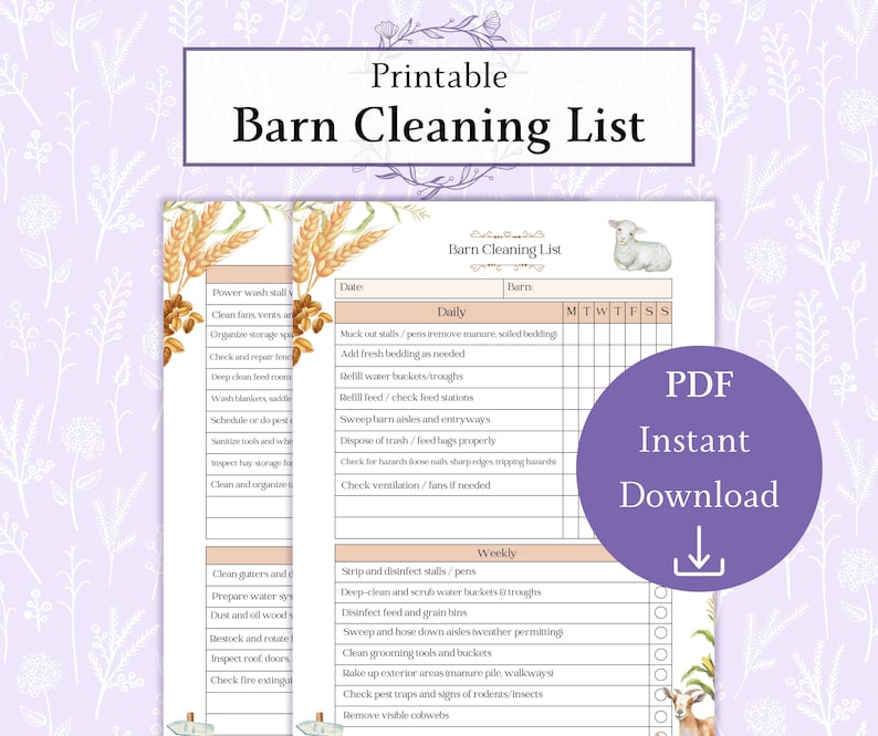 Barn Cleaning List Printable PDF | Barn Checklist | Barn Management ...