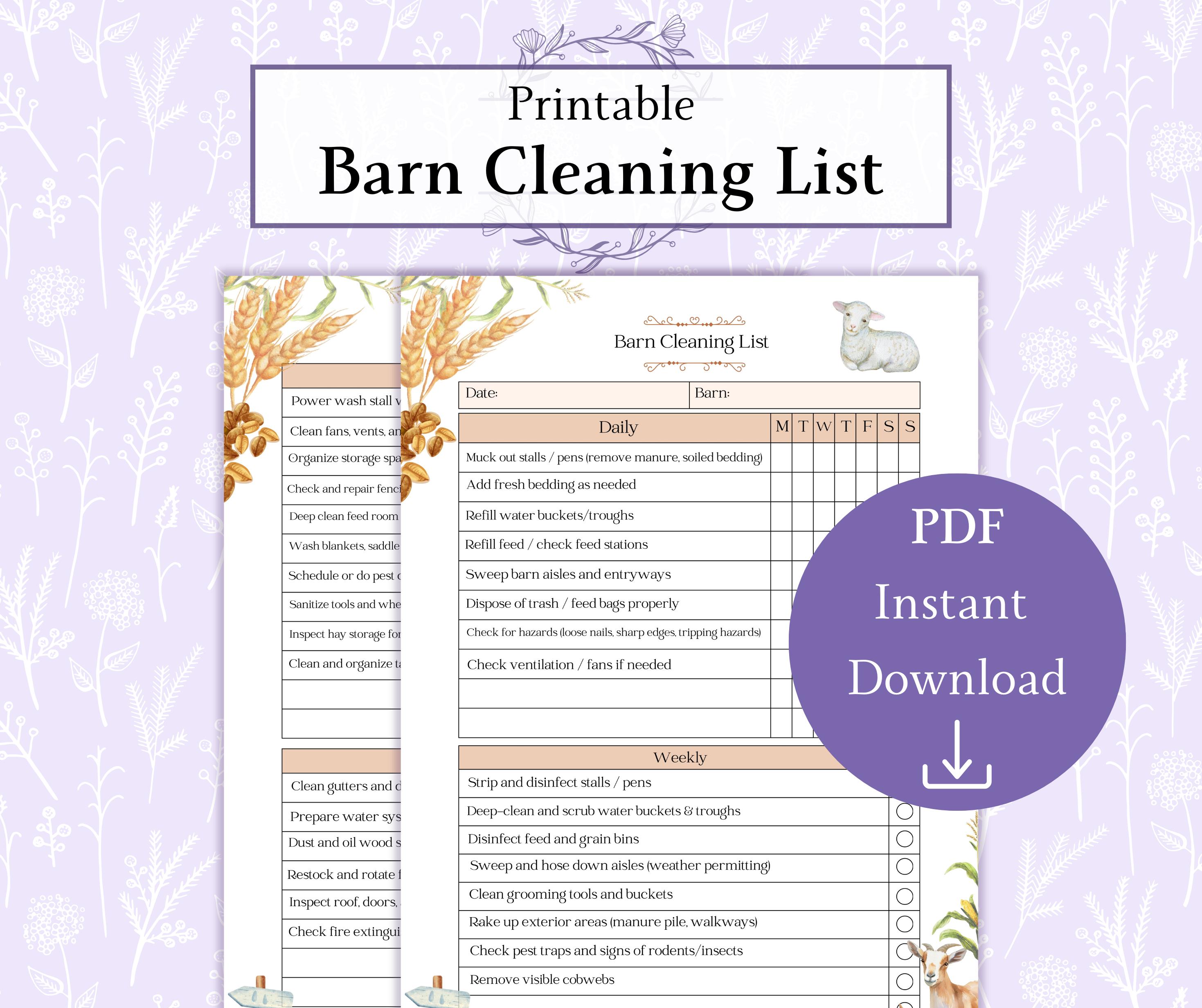 Barn Cleaning List Printable PDF | Barn Checklist | Barn Management ...