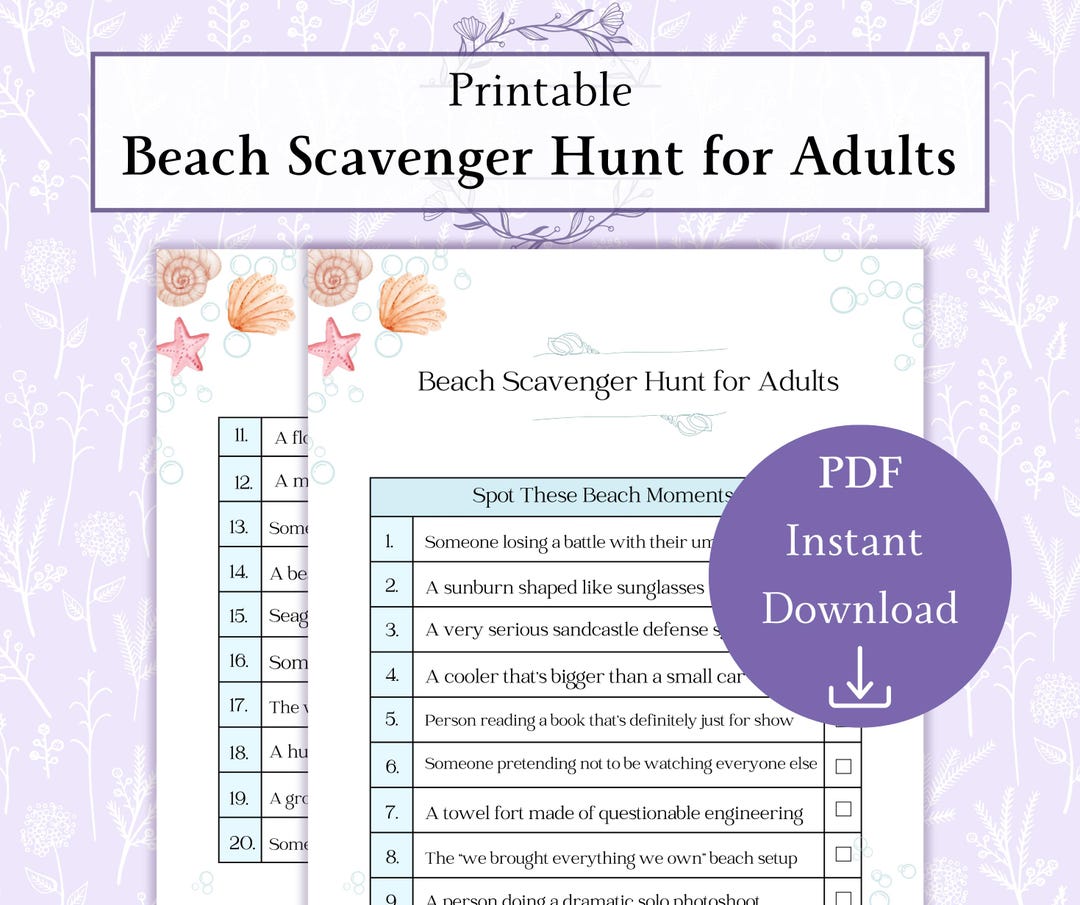 Beach Scavenger Hunt for Adults Printable PDF | Beach Party Game ...