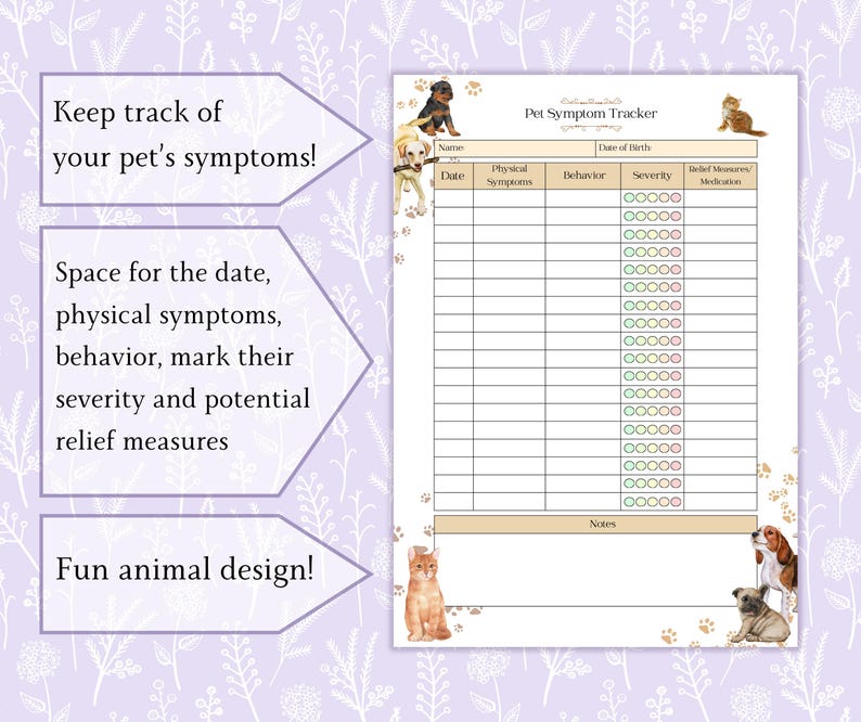 Pet Symptom Tracker Printable PDF | Pet Health Tracker | Pet Symptom ...