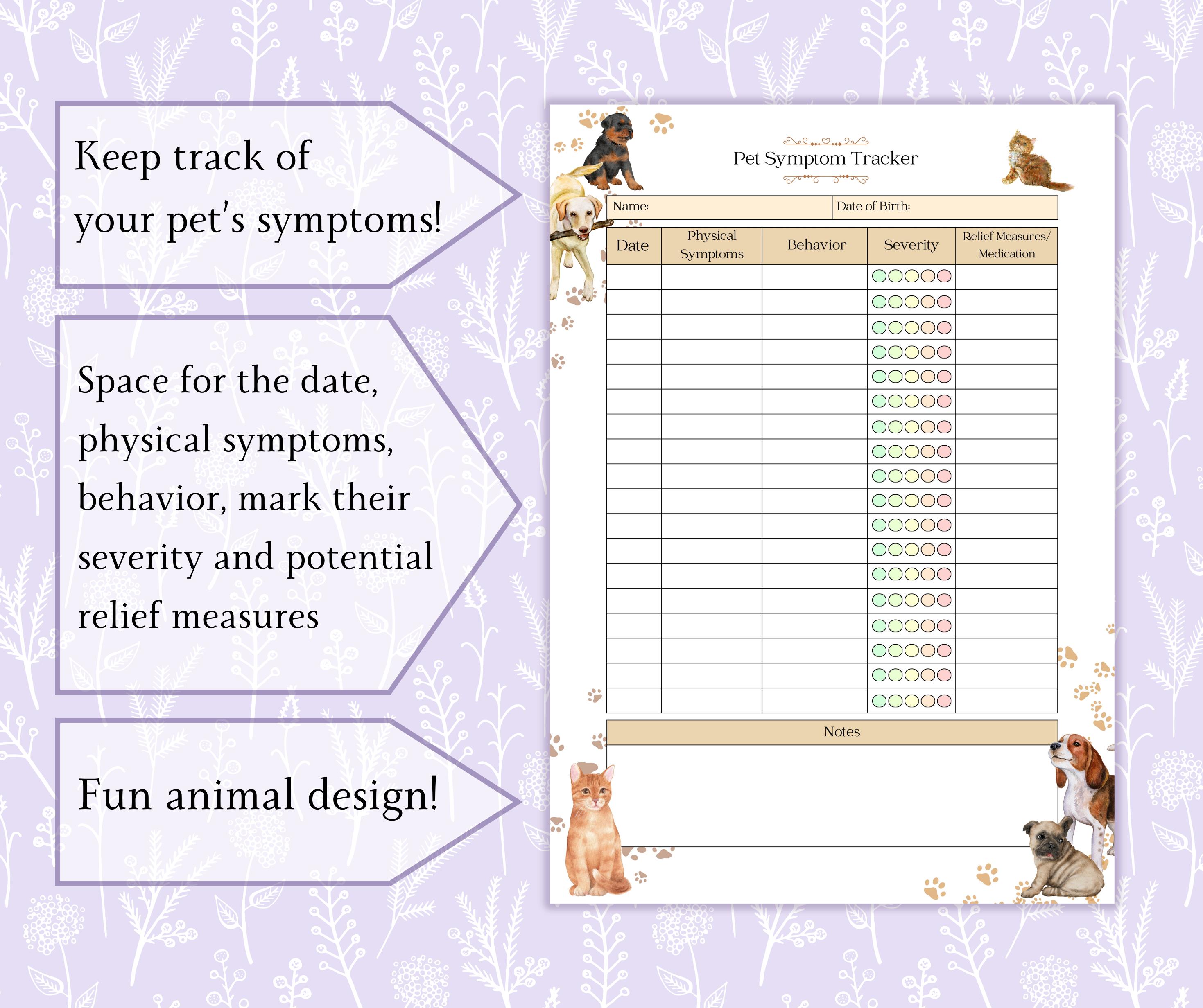 Pet Symptom Tracker Printable PDF | Pet Health Tracker | Pet Symptom ...