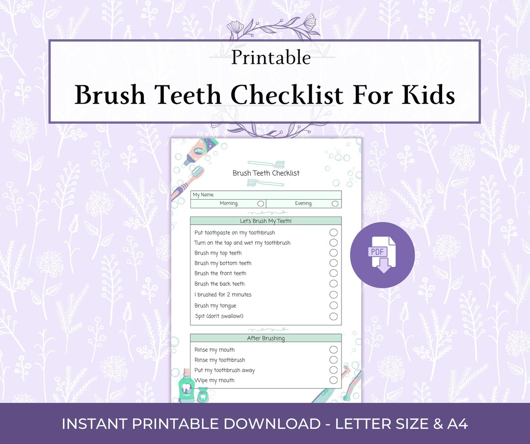 Brush Teeth Checklist for Kids Printable PDF, Morning & Bedtime Tooth ...