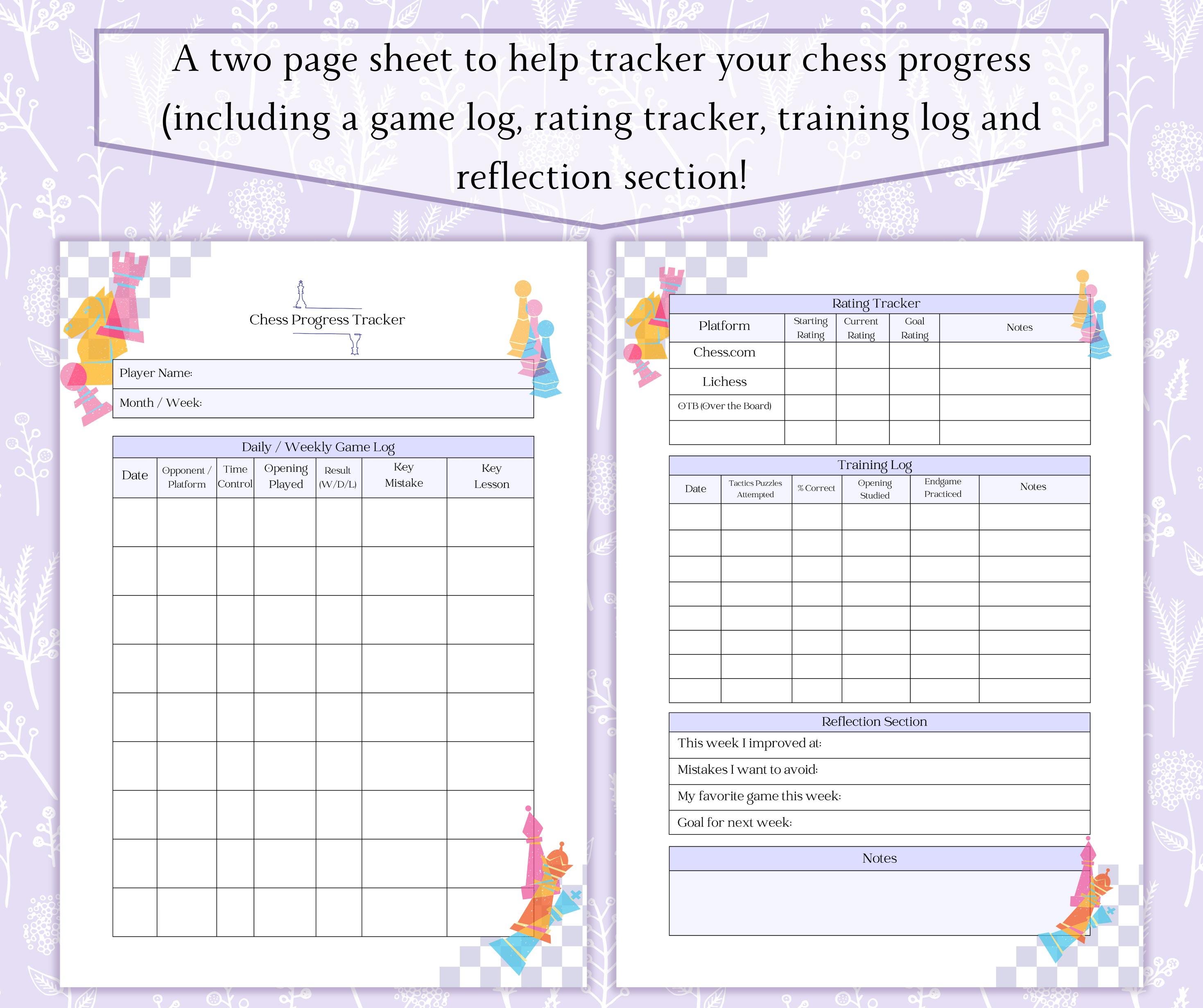 Chess Progress Tracker Printable PDF, Chess Training Log, Chess ...