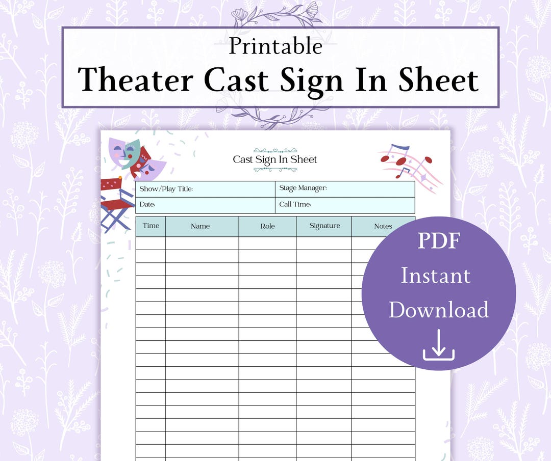 Cast Sign in Sheet Printable PDF | Cast and Crew Sign in Form | Theater ...