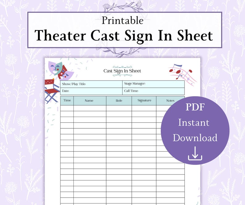 Cast Sign in Sheet Printable PDF | Cast and Crew Sign in Form | Theater ...