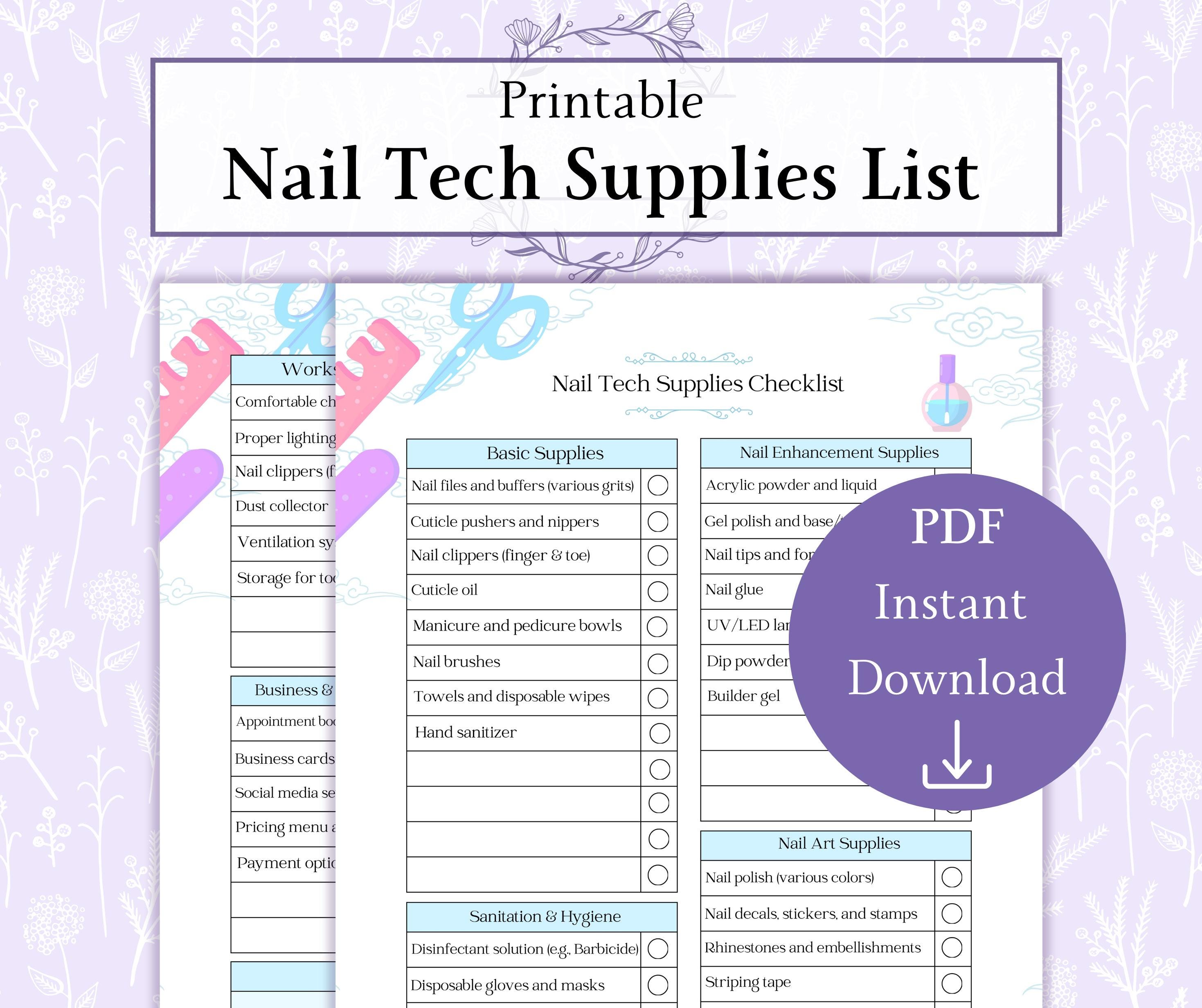 Nail Tech Supplies List Printable PDF | Nail Salon Checklist | Nail ...