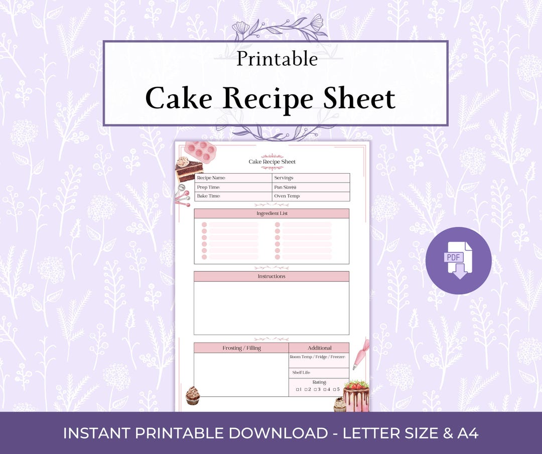 Cake Recipe Cards Printable PDF, Baking Recipe Card Template, Cake ...