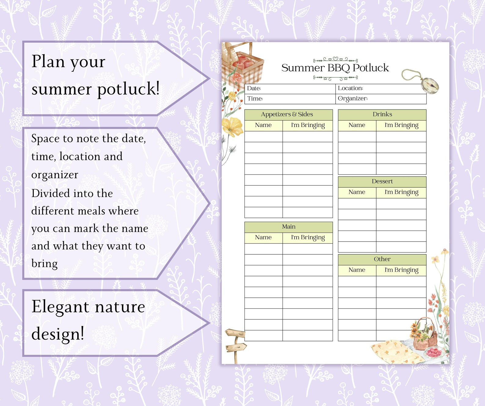Summer BBQ Potluck Sign up Sheet Printable PDF | Food List | Picnic ...