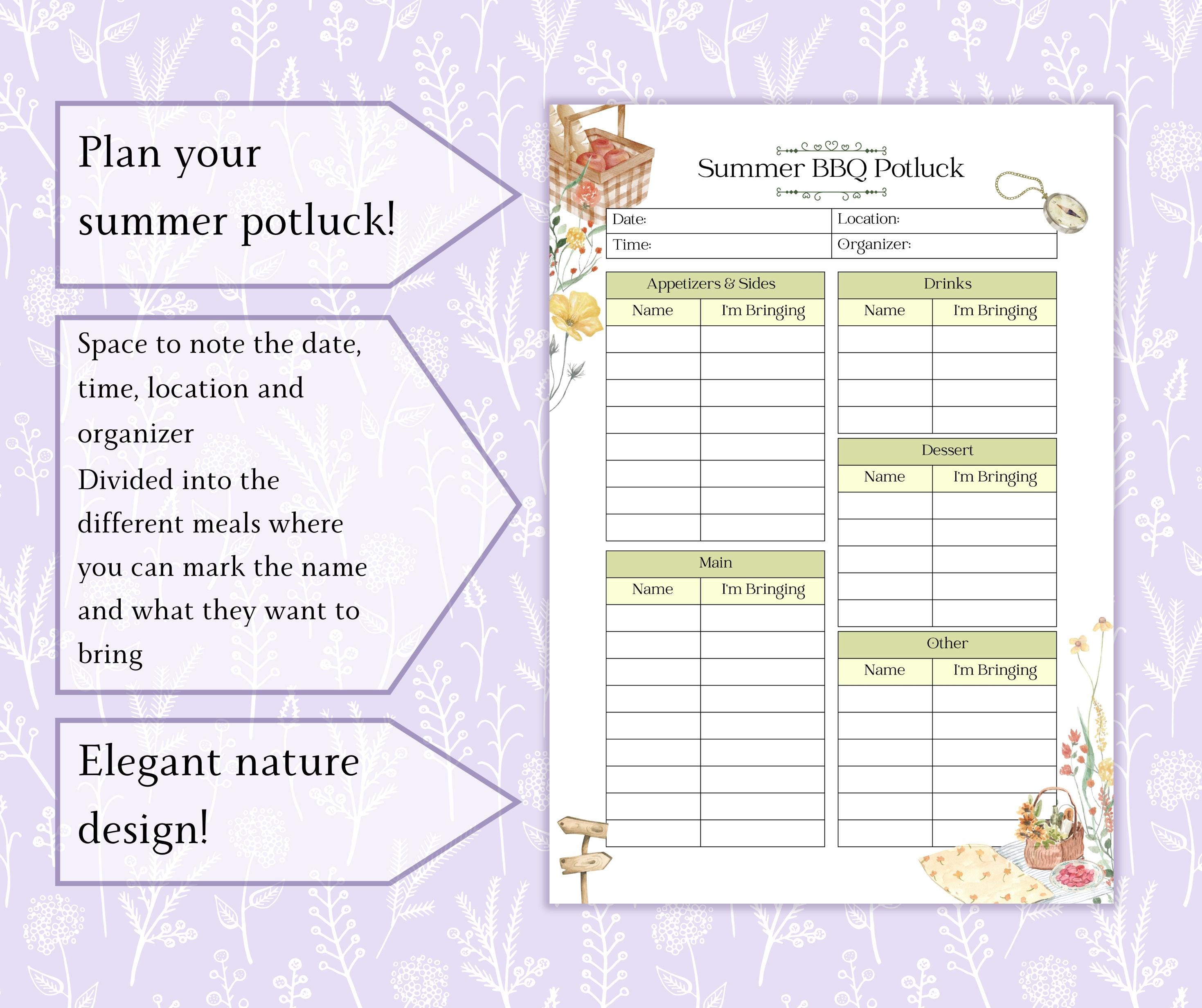 Summer BBQ Potluck Sign up Sheet Printable PDF | Food List | Picnic ...