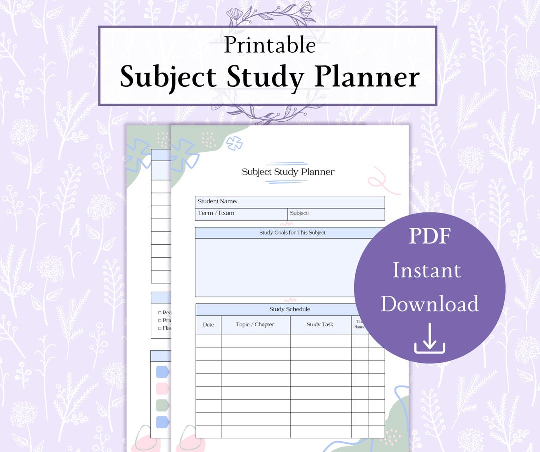 Subject Study Planner Printable PDF, Student Study Planner, Exam ...
