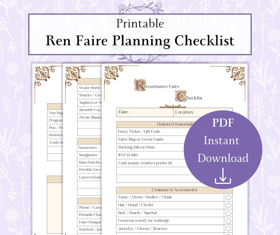 Ren Faire Checklist Printable PDF, Renaissance Fair Checklist, Ren Fest ...