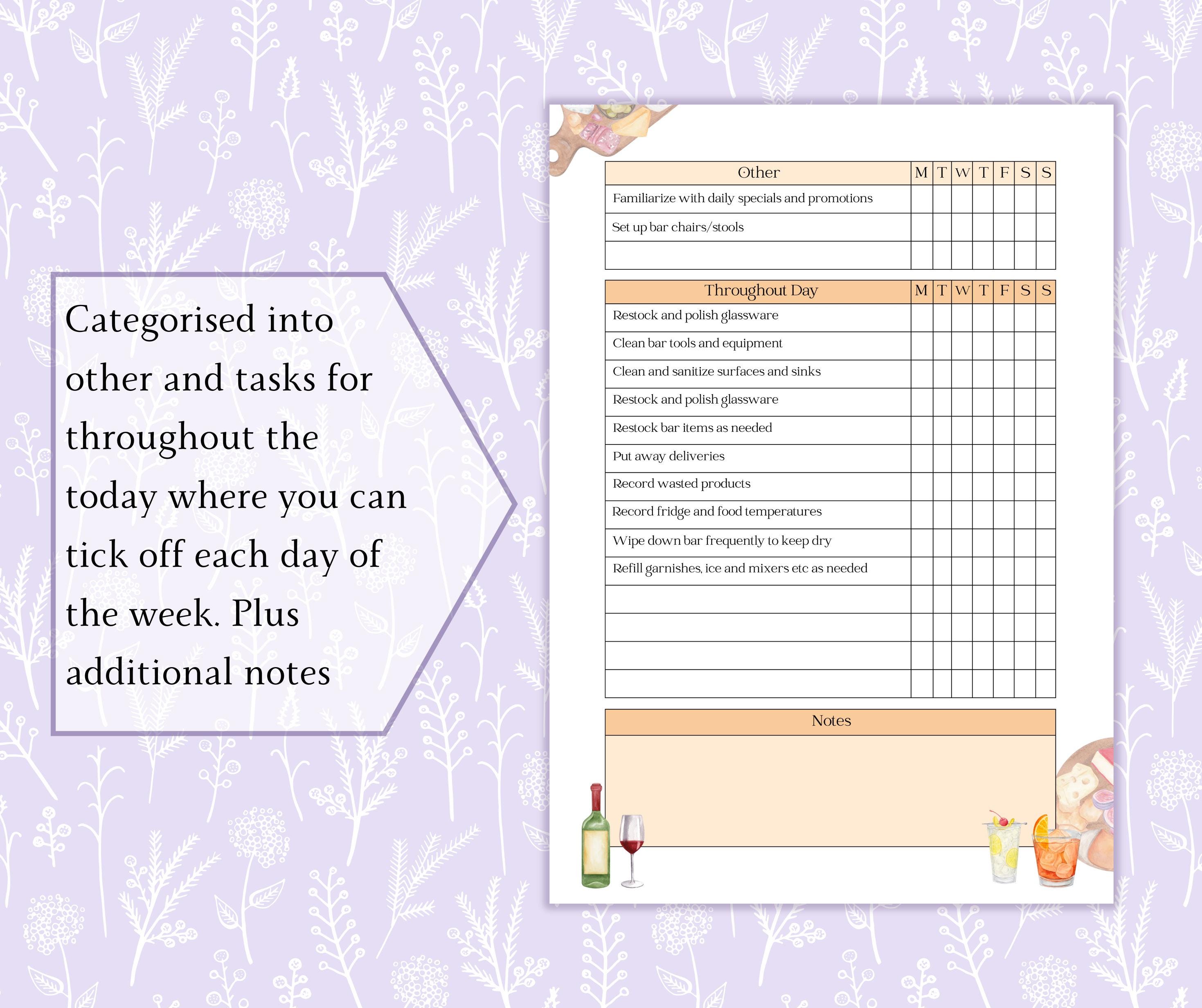 Bartender Opening Checklist Printable PDF | Bar Forms | Bar Record ...