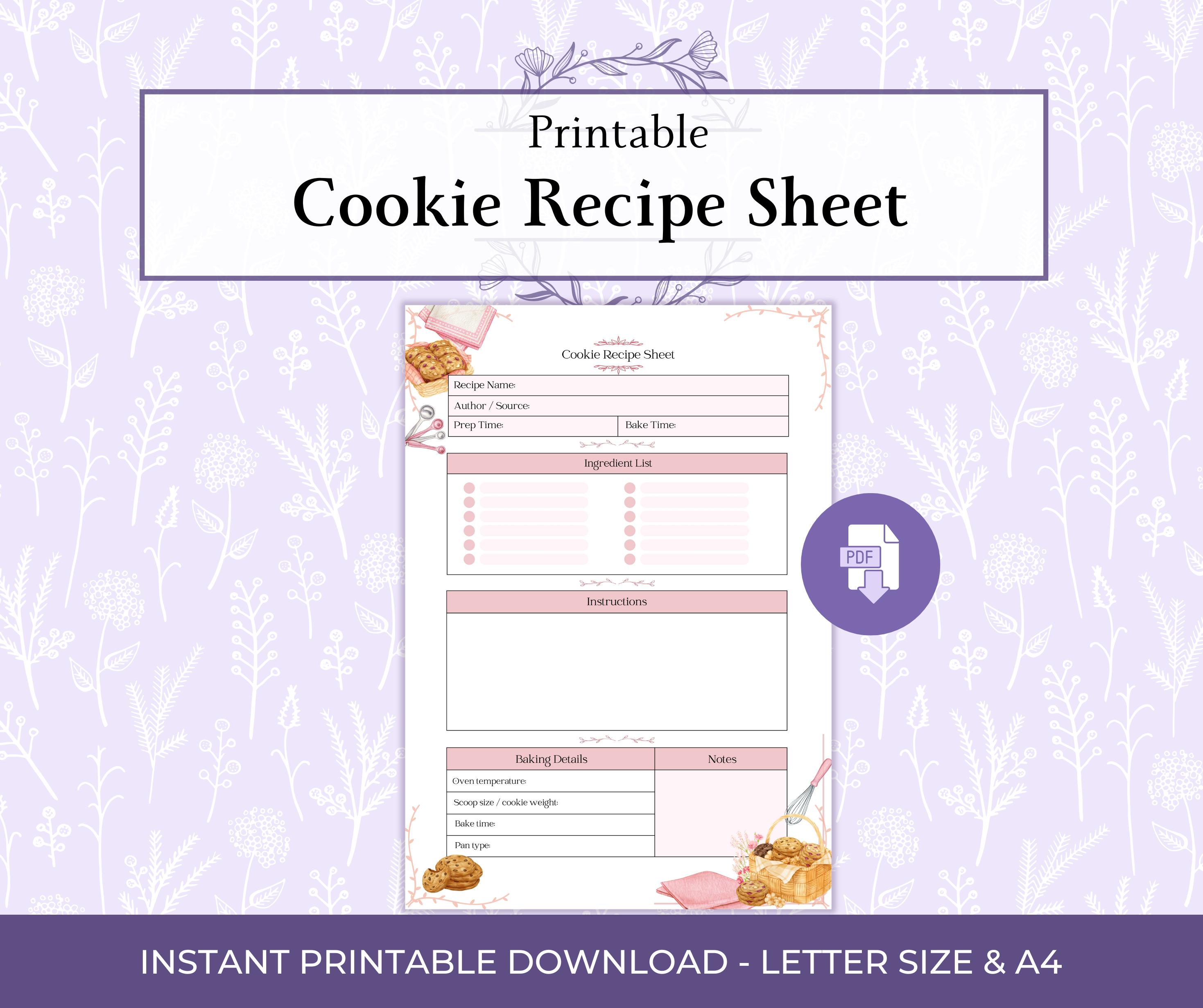 Cookie Recipe Sheet Printable PDF, Baking Recipe Card for Cookies, Home ...