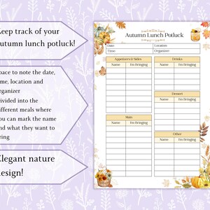 Autumn Lunch Potluck Sign up Sheet Printable PDF Food List Thanksgiving ...
