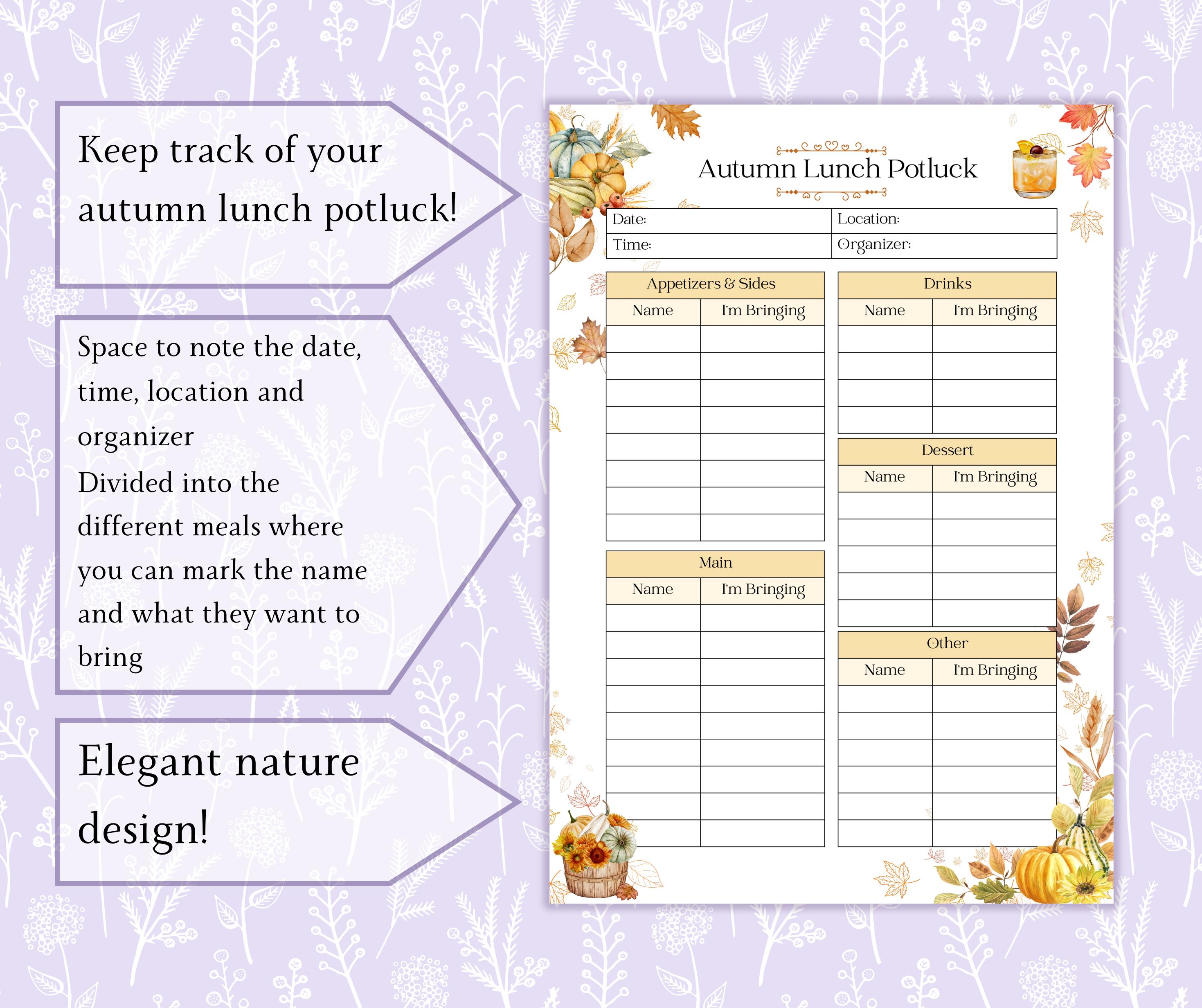 Autumn Lunch Potluck Sign up Sheet Printable PDF | Food List ...