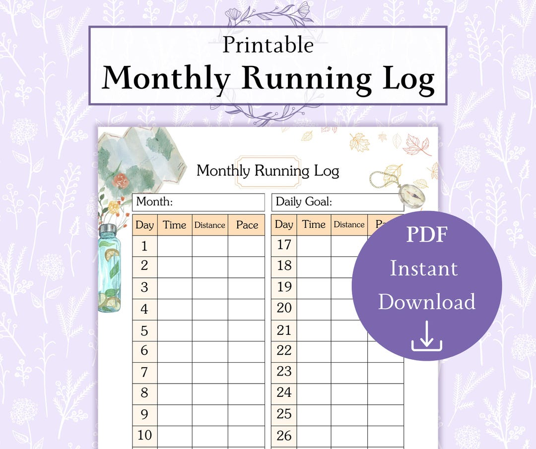 Monthly Running Log Printable PDF | Running Chart | Workout Planner ...