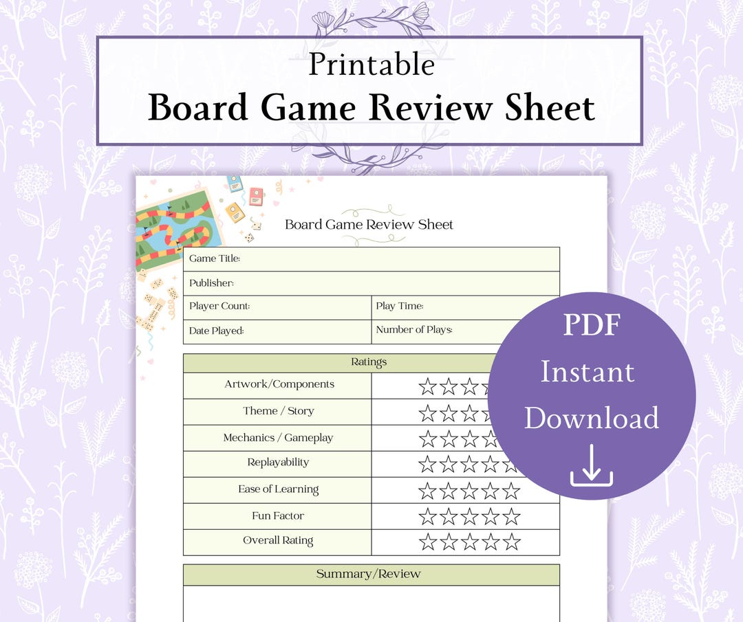 Board Game Review Sheet Printable PDF, Tabletop Game Rating Log, Board ...