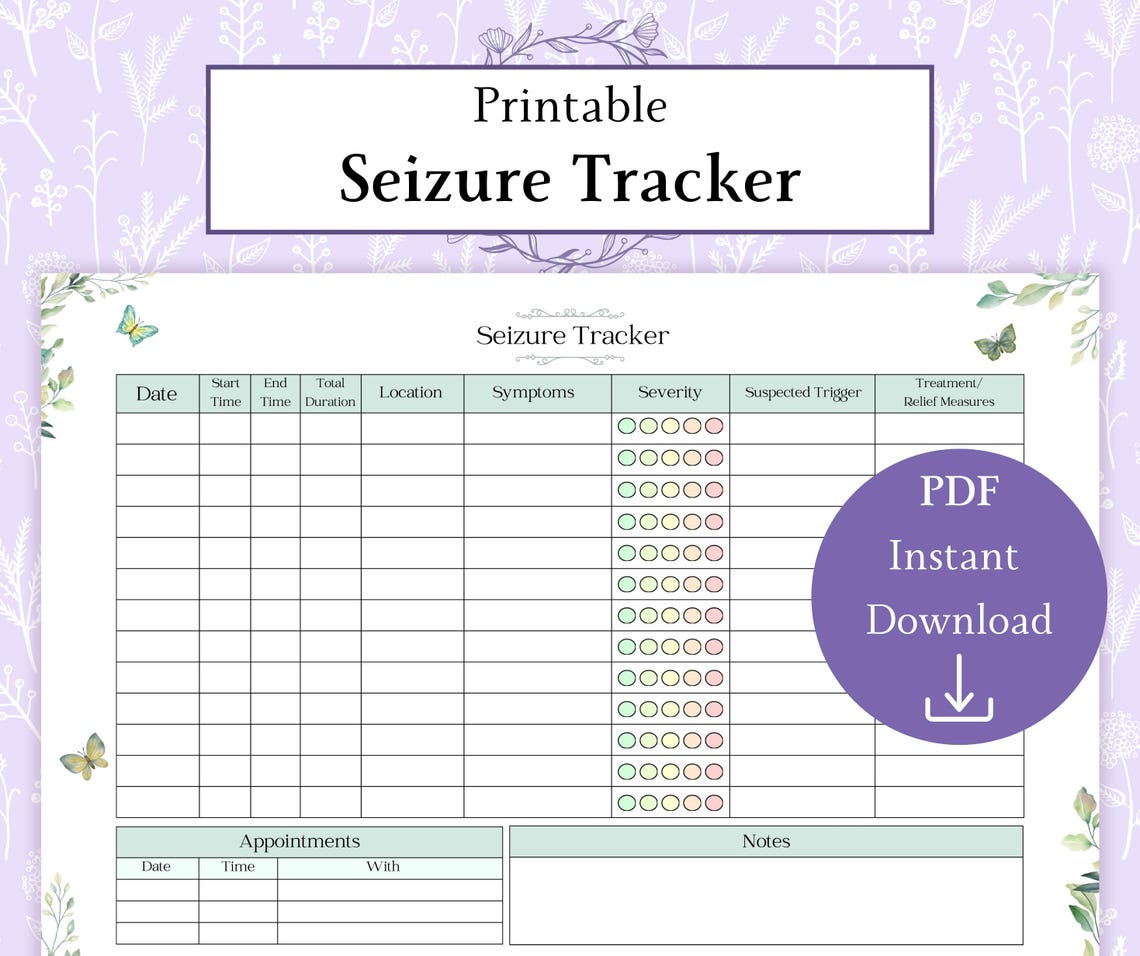 Seizure Tracker Printable PDF | Epilepsy Log | Seizure Log | Medical ...