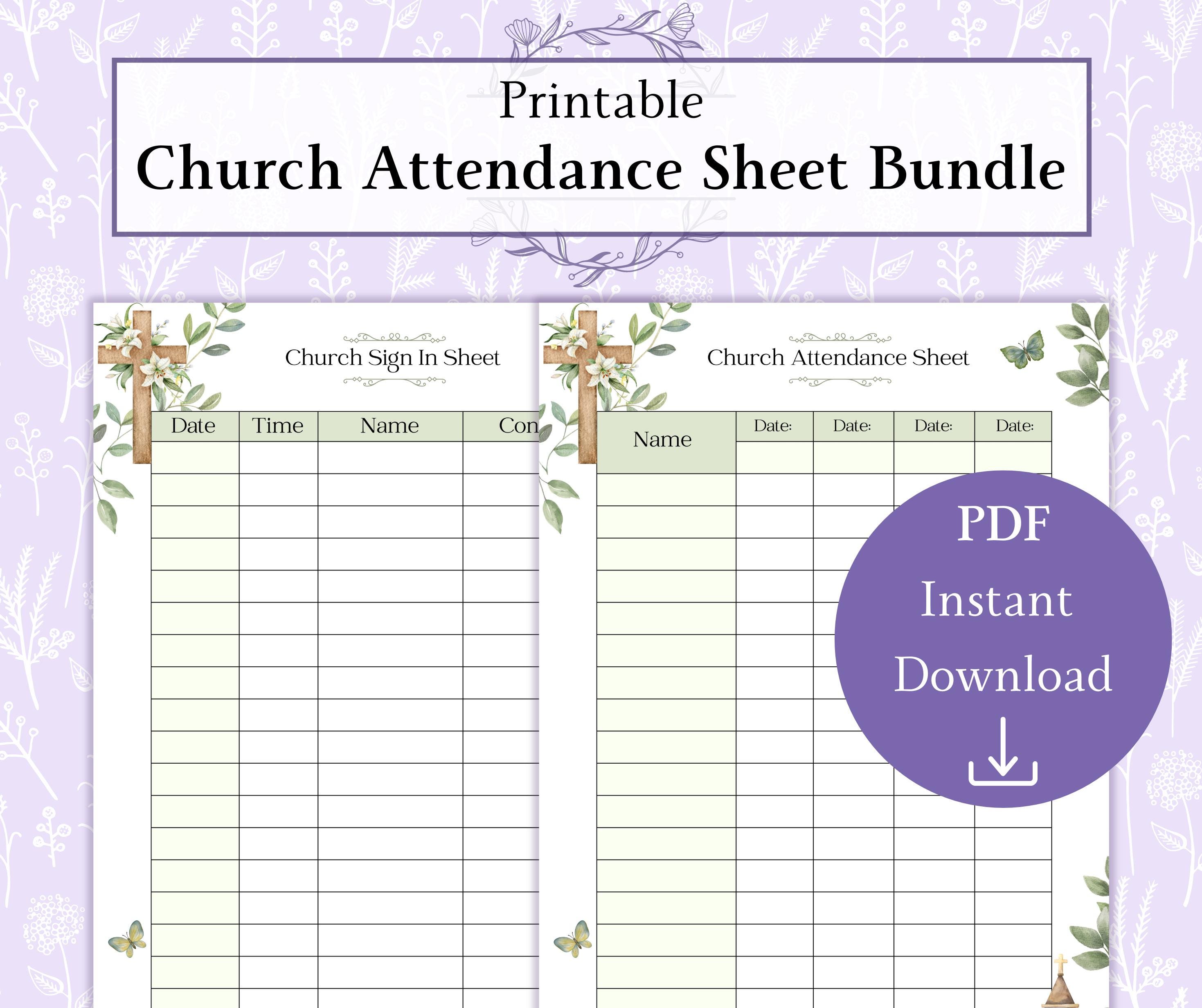 Church Attendance Sheet Bundle Printable PDF | Attendance Chart | Church Sign up Sheet ...