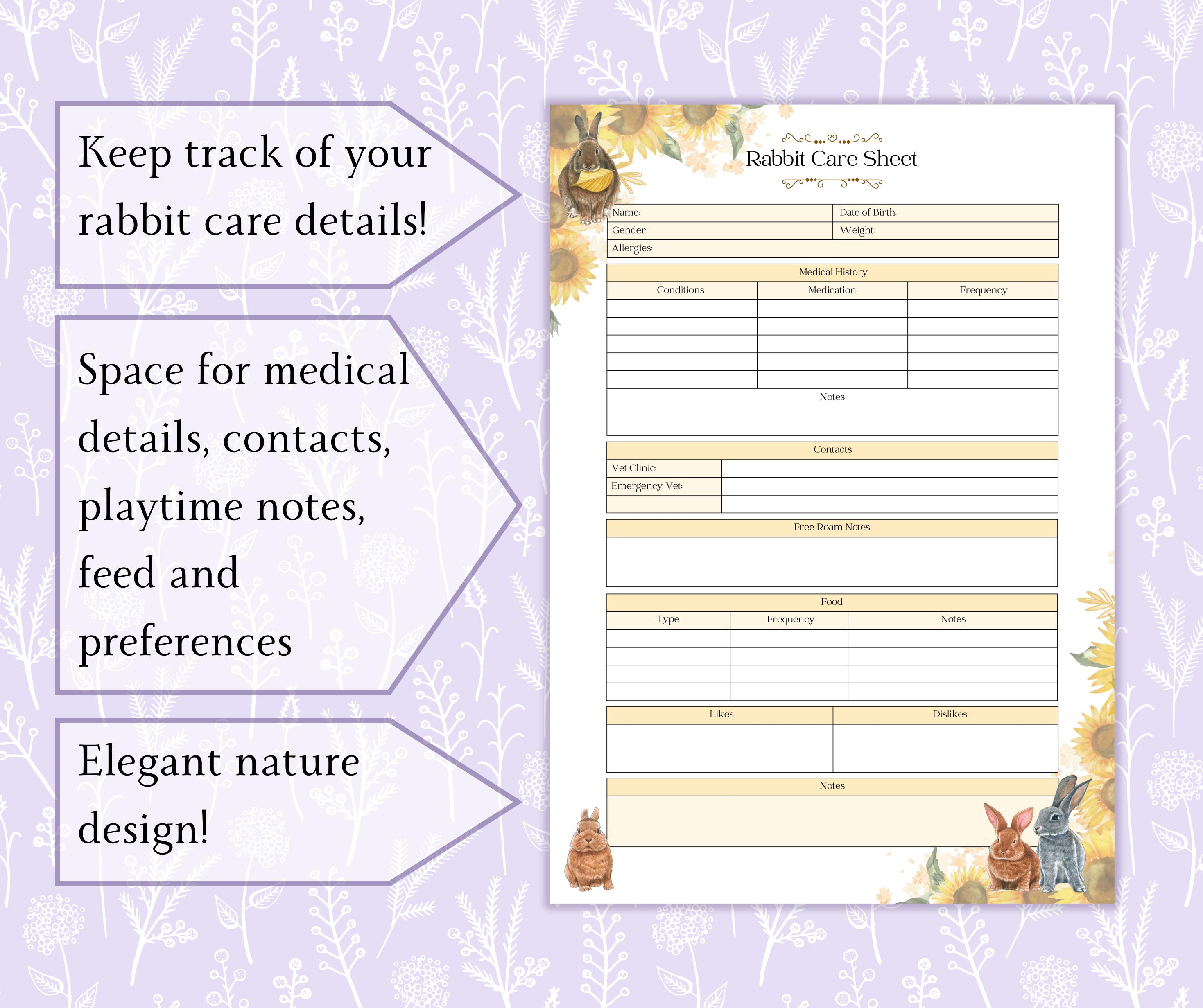 Rabbit Care Sheet Printable PDF | Bunny Care Guide | Rabbit Care ...