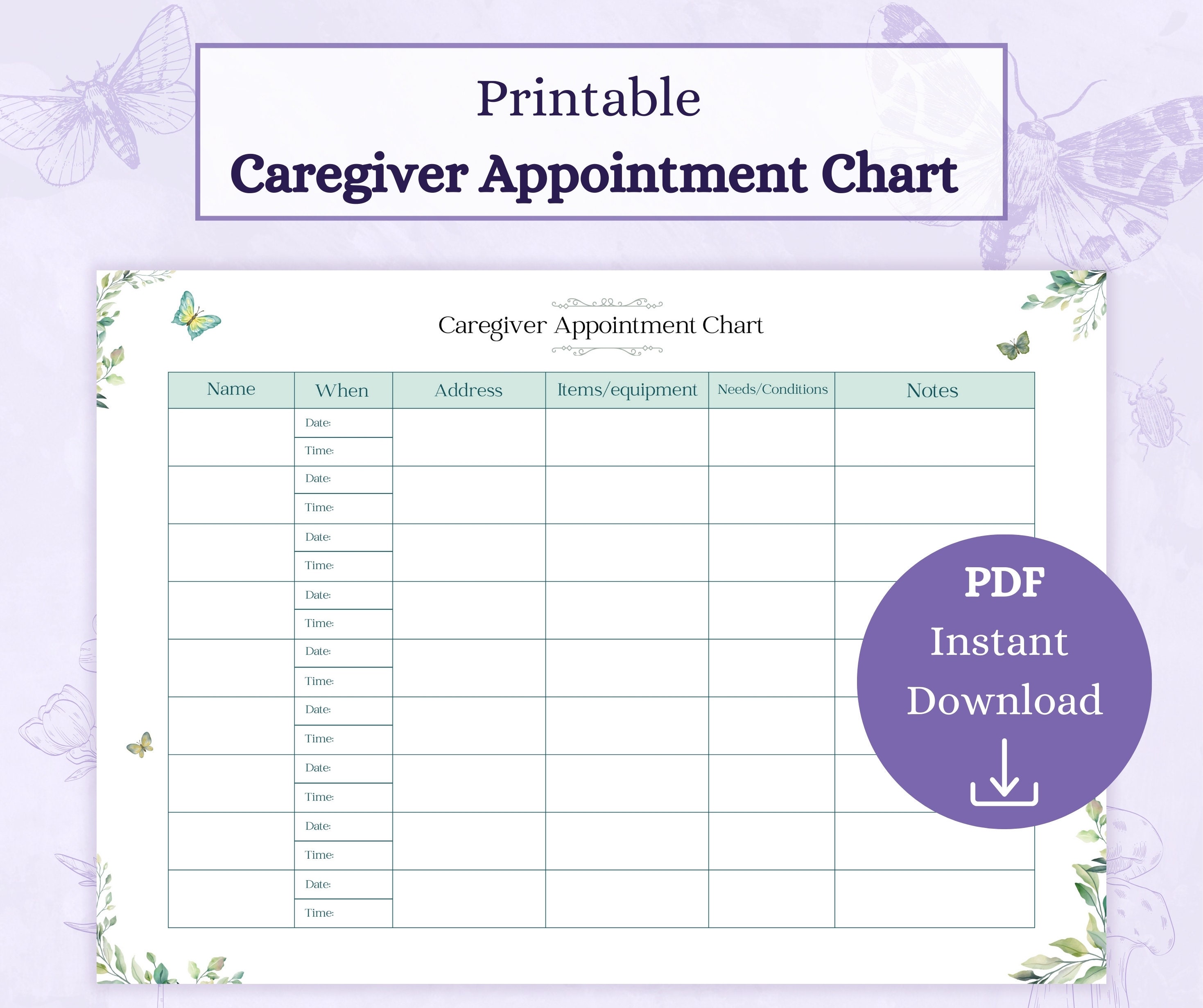 Caregiver Appointment Chart Printable PDF | Caregiver Log | in Home ...