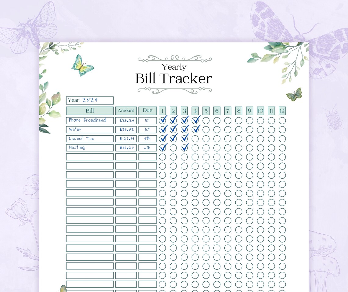 Yearly Bill Tracker Printable PDF Payment Tracker Finance Tracker Money ...