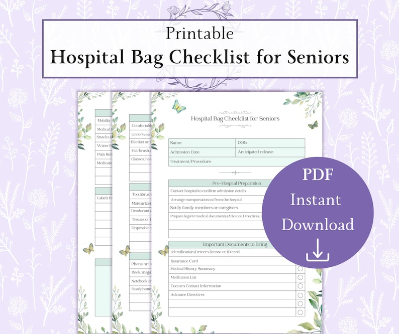 Hospital Bag Checklist Seniors Printable PDF | Elderly Hospital Packing ...