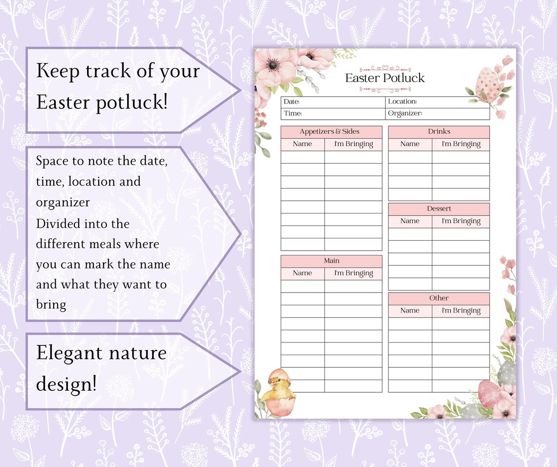 Easter Potluck Sign up Sheet Printable PDF | Potluck Form | Easter ...
