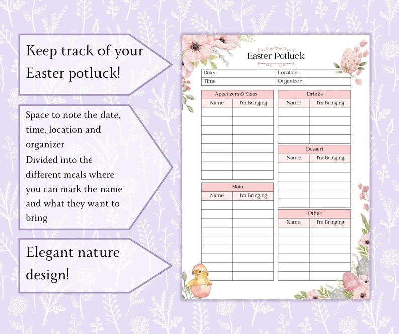 Easter Potluck Sign up Sheet Printable PDF | Potluck Form | Easter ...
