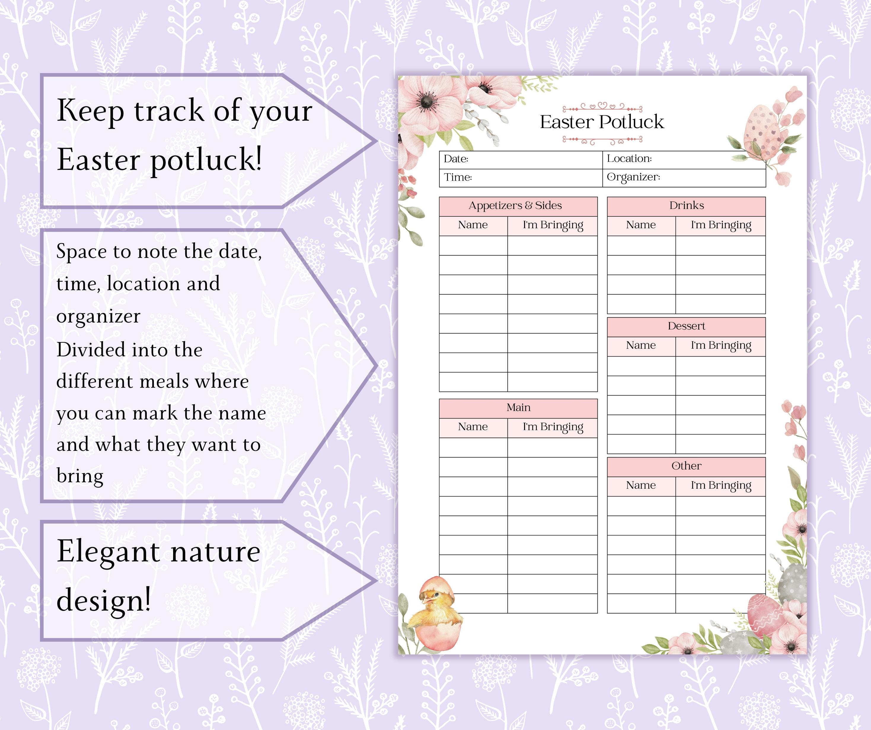 Easter Potluck Sign up Sheet Printable PDF | Potluck Form | Easter ...
