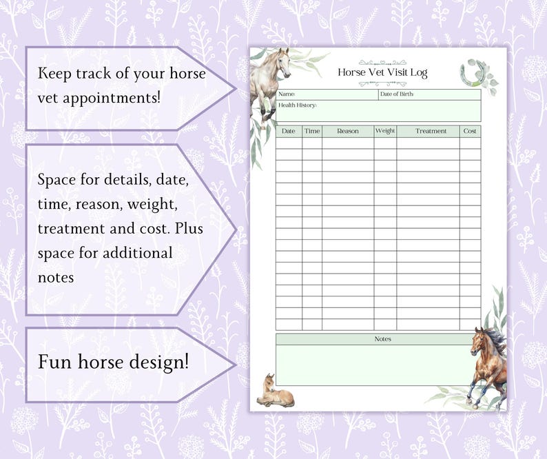 Horse Vet Visit Log Printable PDF | Vet Appointment Log | Horse ...