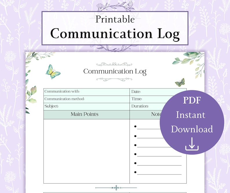 Communication Log Printable PDF | Message Log | Conversation Log | Call ...