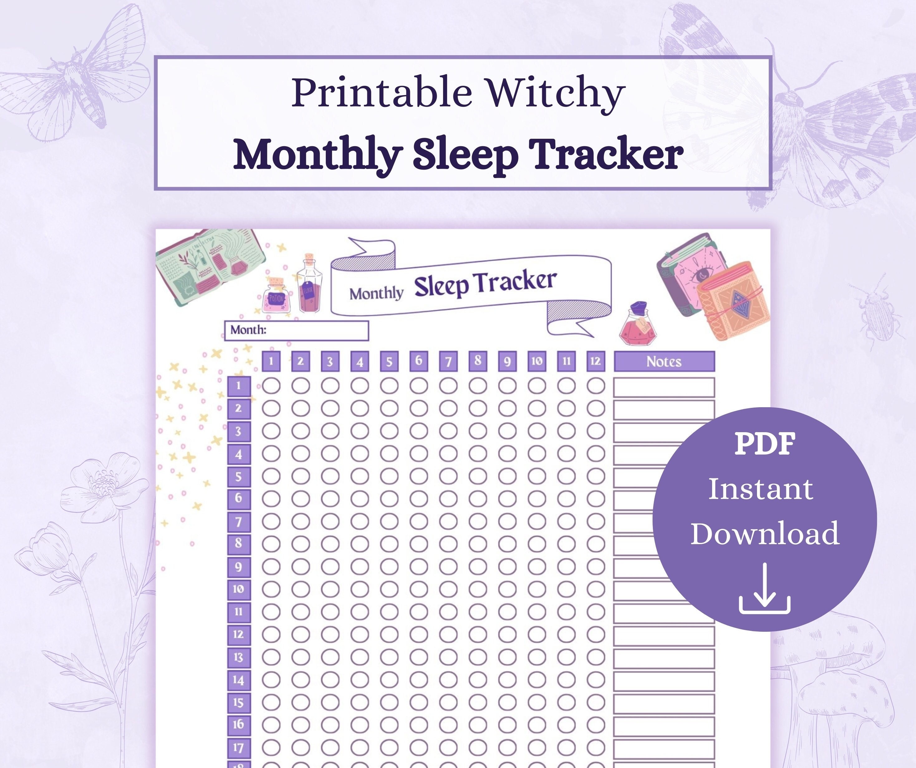 Monthly Sleep Tracker, Witchy Printable PDF, Sleep Hours Tracking ...