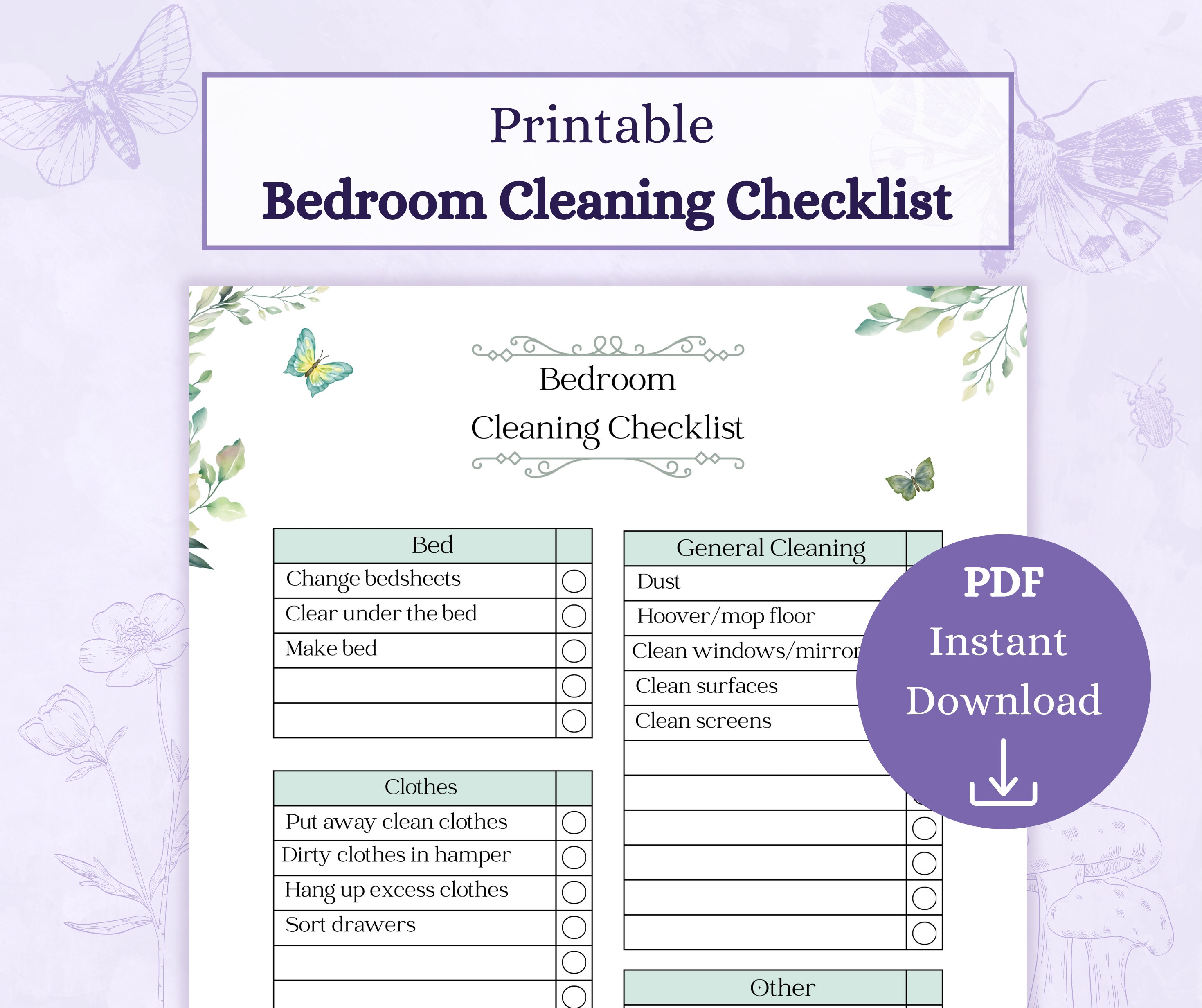 Bedroom Cleaning Checklist Printable PDF | Declutter Checklist ...
